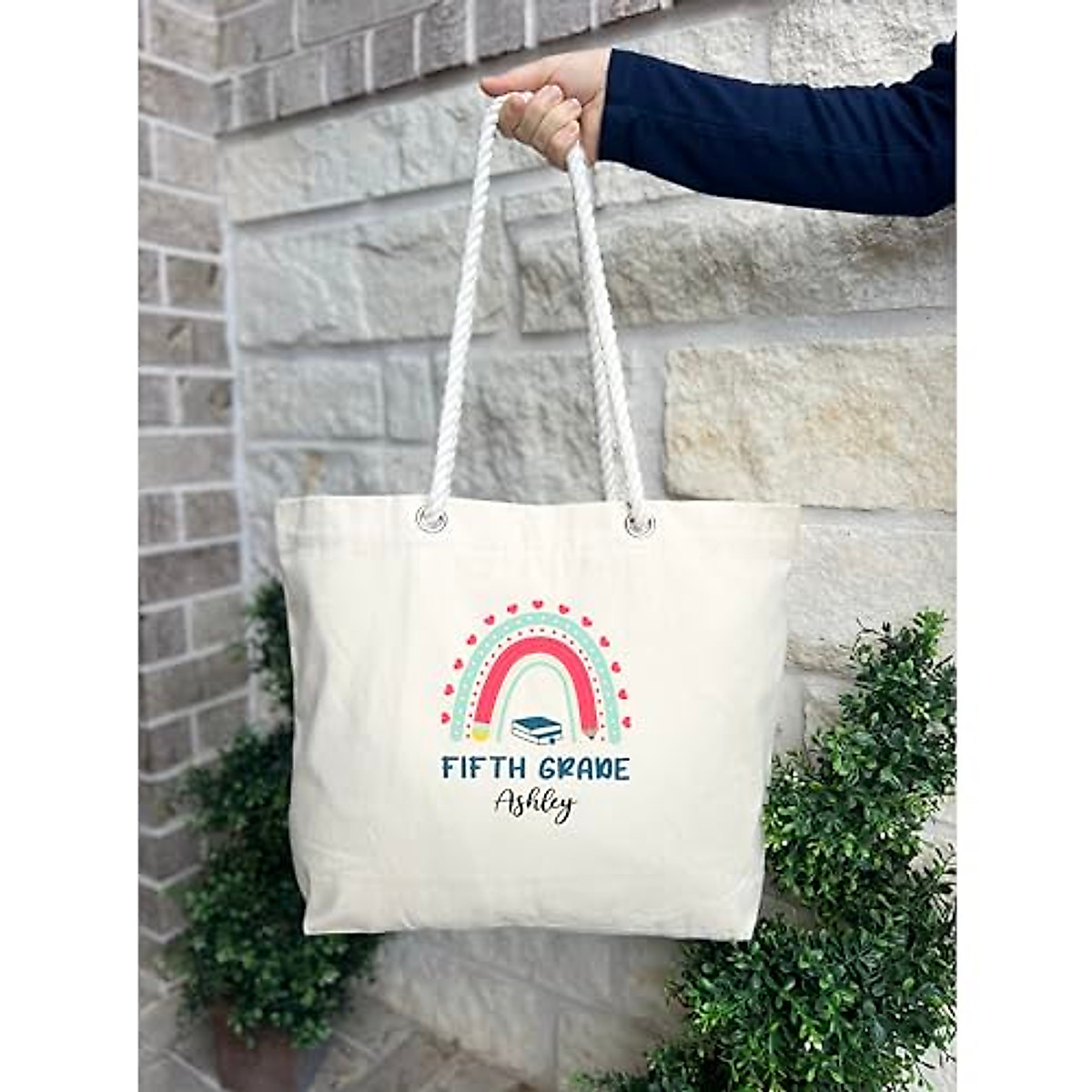 Custom Fifth Grade Rainbow Bag, Personalized Fifth Grade Tote Bag, Hello 5th Grade Bag, Back To School Bag (Rope Bag : 25L 20"L x 15"H x 5"D 100% cotton, 26" rope handles)