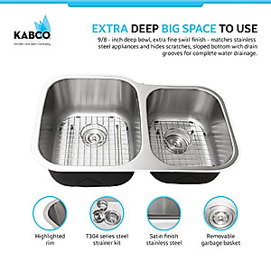 KABCO 32 Inch Big Double Unequal Bowl Stainless Steel Classic Kitchen Sink, Rust Resistant, Sound and Heat Proof 18 Gauge Undermount Sink with Sink Strainers, Sink Grids and rolling up grid