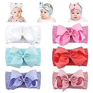 Makone 6PCS Nylon Headbands for Baby Girl, Handmade Hairbands with Bows Stretchy 5.5 inch Hair Bow for Kids Toddlers Infants Newborn