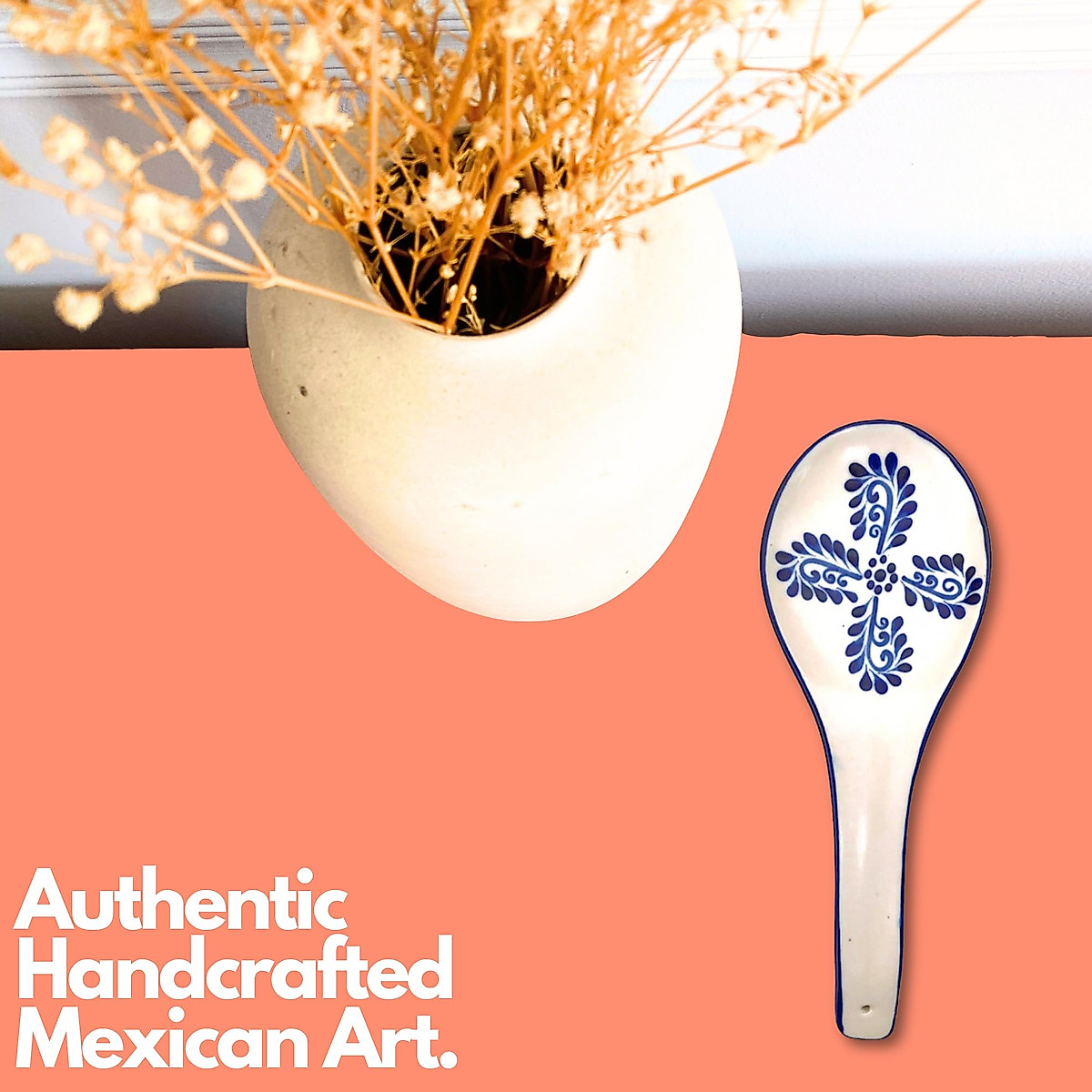 White Ceramic Spoon Rest - Hand Painted In Mexico - Handmade Talavera Kitchen Utensil Holder for Counter Stove Top - Dishwasher Safe - Mexican Style - Porta Cucharas Colonial White