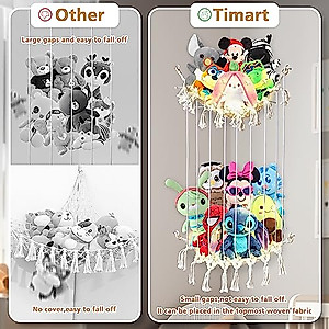 Timart Stuffed Animal Net or Hammock, Length Adjustable Stuffed Animal Storage, Corner Plush Toys Holder with Lights, Boho Mesh Decoration Hanging Toy Organizer for Kids Bedroom