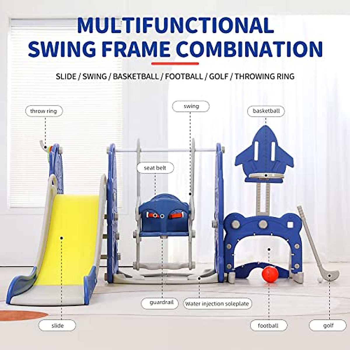 UNICOO - Toddler Slide and Swing Set, Kids Indoor and Outdoor Playground Combination for Boys & Girls (8 in 1 - Dark Blue)