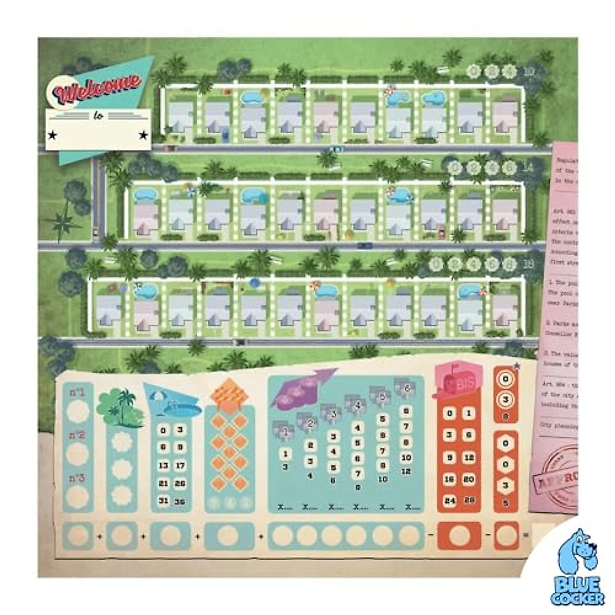 Welcome to... Your Perfect Home Board Game | City Building Strategy Game | Narrative Adventure Game for Adults and Kids | Ages 10+ | 1-6 Players | Avg. Playtime 25 Minutes | Made by Blue Cocker Games