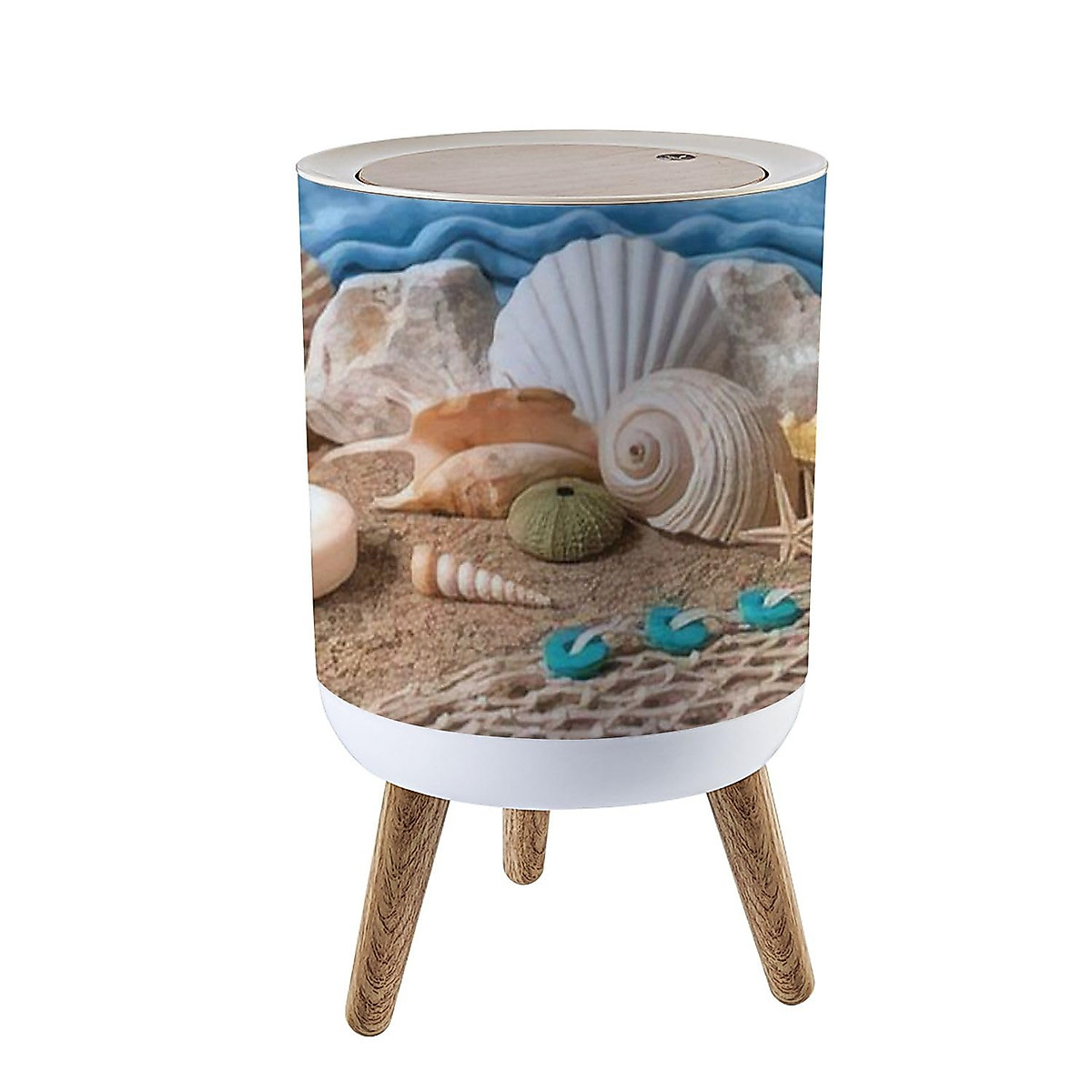 Small Trash Can with Lid for Bathroom Kitchen Office Diaper decoration Seashells shell a sea urchin a beach sand are decorated Bedroom Garbage Trash Bin Dog Proof Waste Basket Cute Decorative