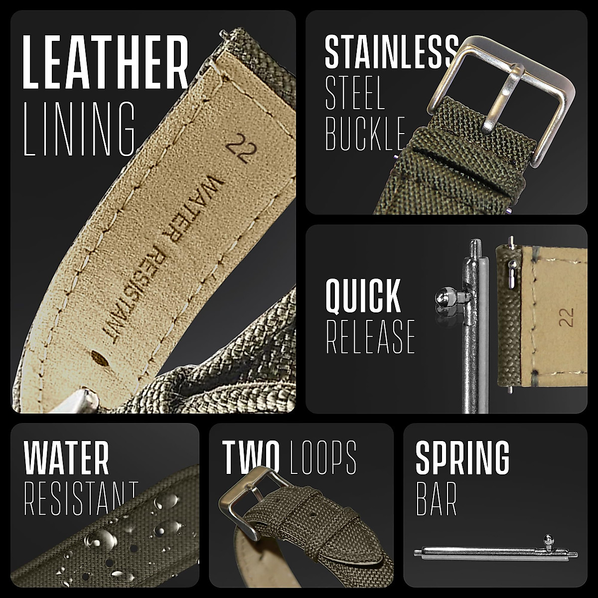 STUNNING SELECTION Alpine CORDURA fabric top and water resistant leather lining watch strap with Quick Release Spring Bars - Olive Green 22 mm