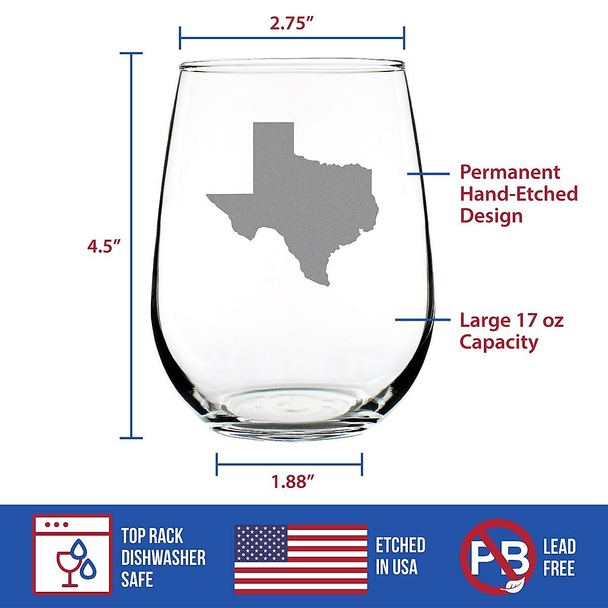 Texas State Outline - Stemless Wine Glass - State Themed Drinking Decor and Gifts for Texans - Large 17 Ounce