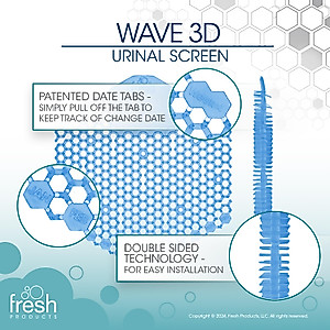Fresh Products Wave 3D, Virtually eliminates urine splash, 30-Day Use, Easy Installation, Beneficial Bacteria, Consistent Fragrance — Cotton Blossom, Blue, Made In USA, 10pk Urinal Screens