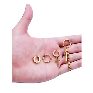 Ofeiyaa 4 Pairs Stainless Steel Dangle Hinged Hoop Earrings Huggie Earrings Piercing CZ Stud for Men Women Silver