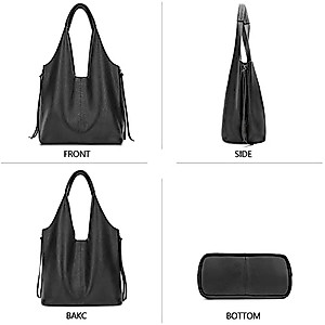 Women genuine leather hobo handbag: large capacity shopping bag tote shoulder purse black
