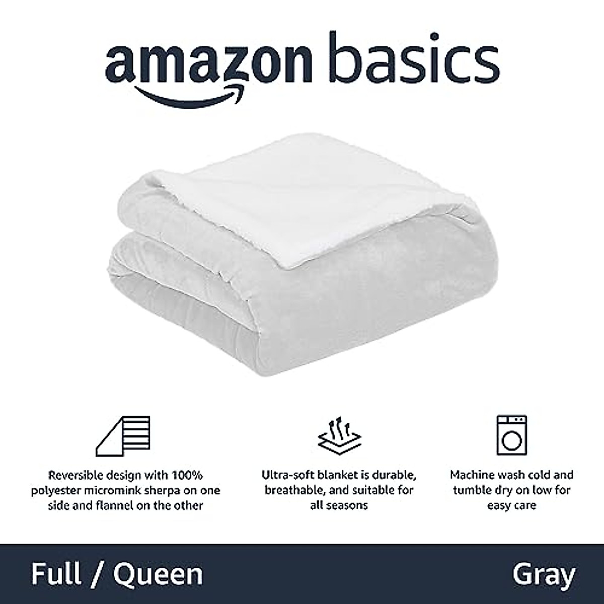 Amazon Basics - Ultra-Soft Micromink Sherpa Throw Blanket, Full/Queen, Grey
