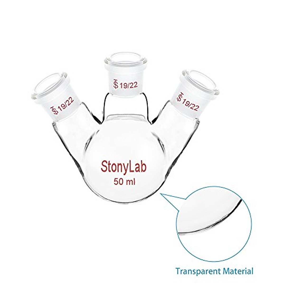 stonylab Glass 50 mL Heavy Wall 3 Neck Round Bottom Flask RBF, with 19/22 Center and Side Standard Taper Outer Joint, 500 mL