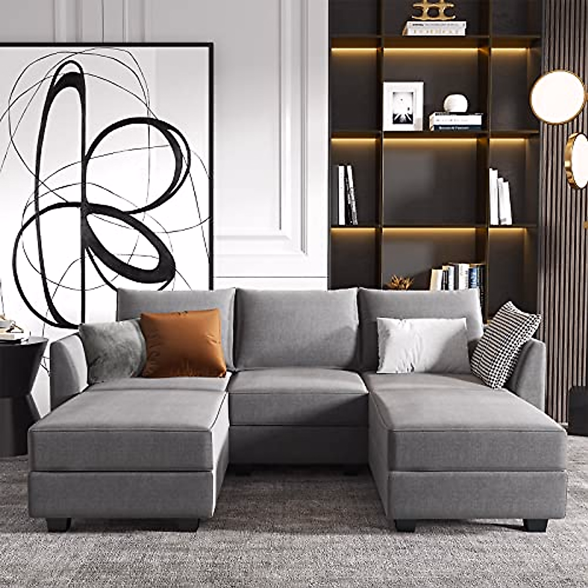 HONBAY Modular Sectional Sofa with Double Chaises U Shaped Sofa for Living Room Sectional Couch with Reversible Ottomans, Grey