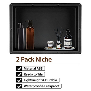 AUMAYCO 2PC Shower Niche Shower Niche Ready for Tile Black, 20" X 16" X 3.9" Premium ABS Plastic Single Shelf Niche, Recessed Niche Shower for Bathroom Kitchen Bedroom Storage