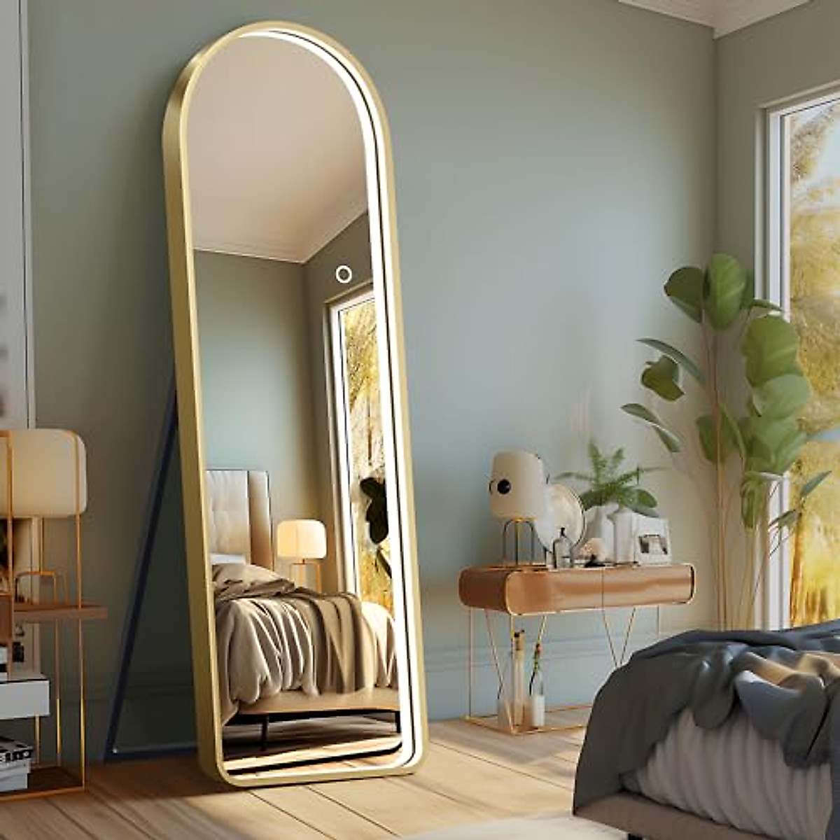 SDHYL Arched Full Length Mirror with Lights, 64"x20" LED Mirror Full Length with Stand, Full Body Mirror with Touch Button and Plug, Dimmable Brightness Dressing Mirror for Living Room, Gold