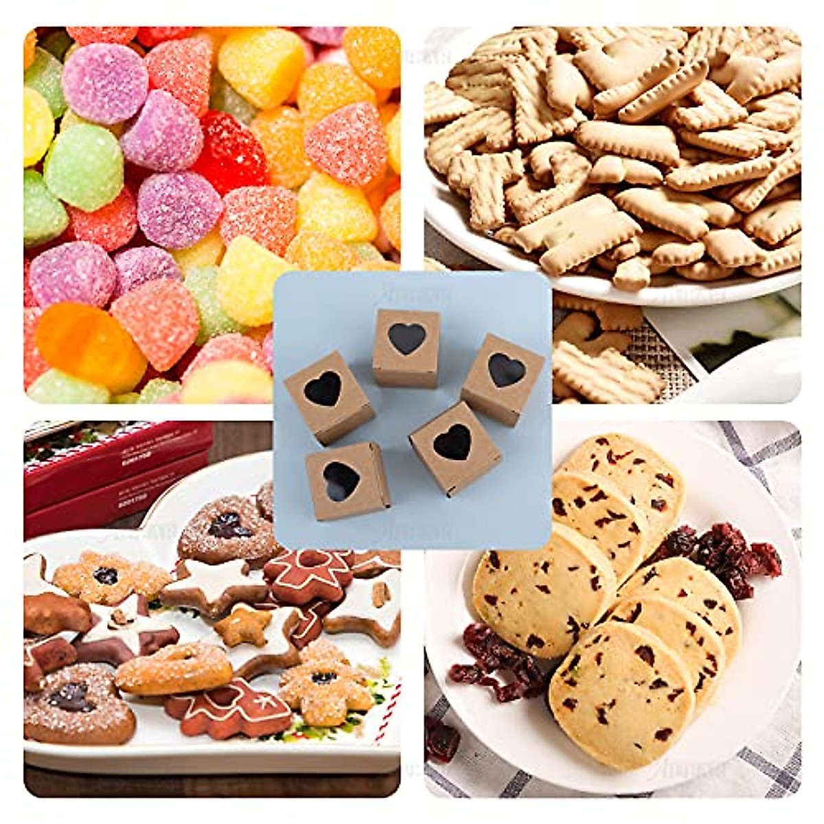 AUEAR, 50 Pack of Kraft Gift Boxes with Clear Plastic Heart Window 2x2x2 inch Treat Gift Boxes for Cake Candy Cookies Dessert