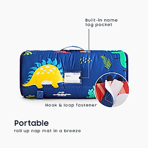 Wake In Cloud - Toddler Nap Mat with Pillow and Minky Fleece Blanket, for Kids Boys Girls in Daycare Preschool Kindergarten, Roll Up Sleeping Bag, Dinosaur Navy Blue, Standard Size