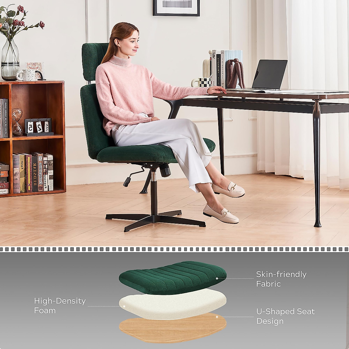 EYYTHUNG Home Office Chair No Wheels with Headrest Extra Wide Crossed Armless Desk Chair Adjustable Makeup Chair for Bedroom Dark Green