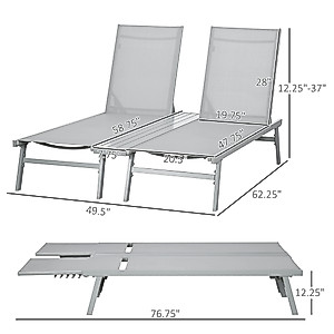 Outsunny Chaise Lounge Pool Chairs Set of 2, Aluminum Outdoor Sun Tanning Chairs with Five-Position Reclining Back, Shelf & Breathable Mesh for Beach, Yard, Patio, Light Gray