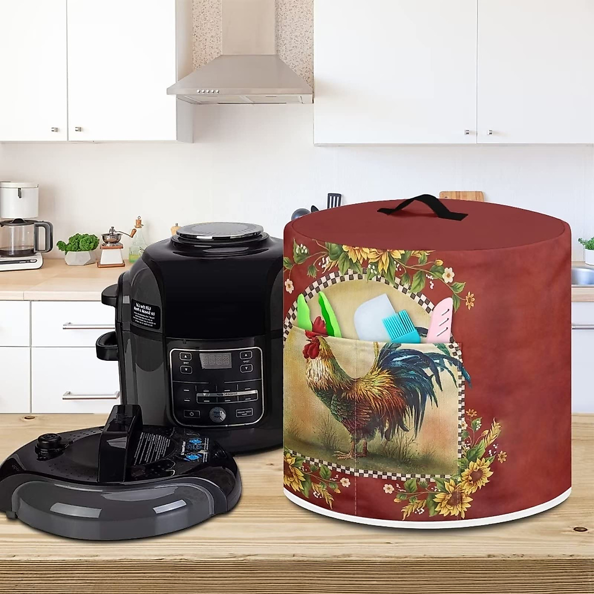 NETILGEN Air Fryer Cover Dust Cover Compatible with 6 Quart Instant Pot, Dust Protection Insulated Kitchen Appliance Cover with Top Handle and Storage Pockets for Women Gift, Chicken Sunflower Red