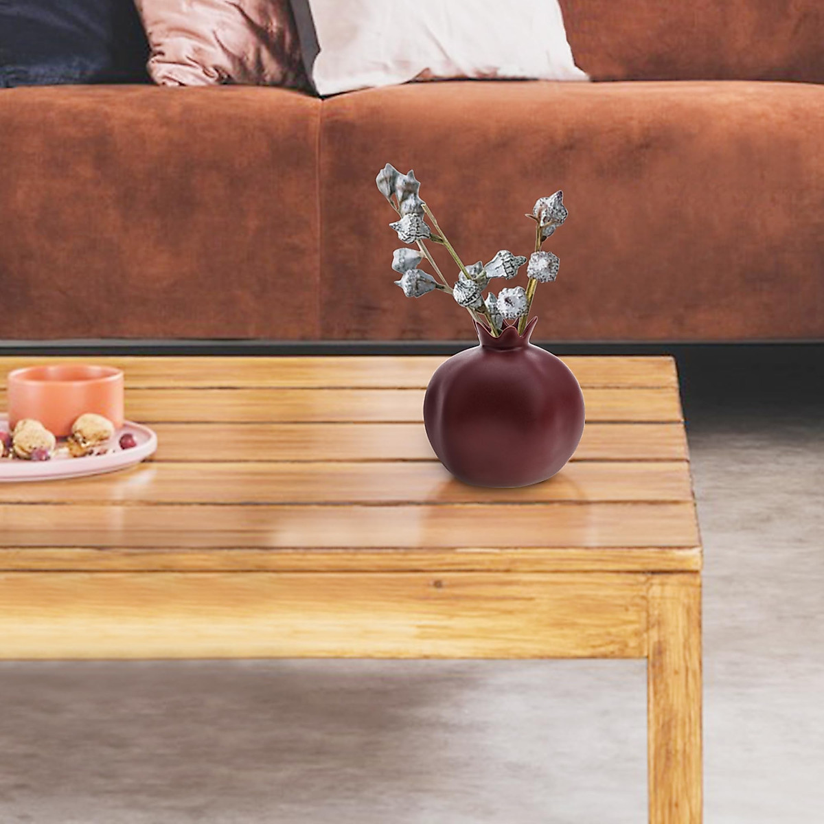 Woration Ceramic Vase Brown Pomegranate Shape Creative Flower Vase Home Decor Flower Arrangement Ornaments for Fireplace Bedroom Livingroom Office Desk Table