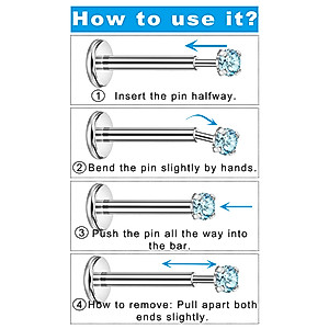 Tragus Piercing Jewelry Surgical Steel Cartilage Earrings 16g Threadless Nose Stud 5mm Lip Ring Push in Labret 4mm Aquamarine CZ Nose Rings for Women Conch Stud Helix Earring Rook Earrings Flat Back