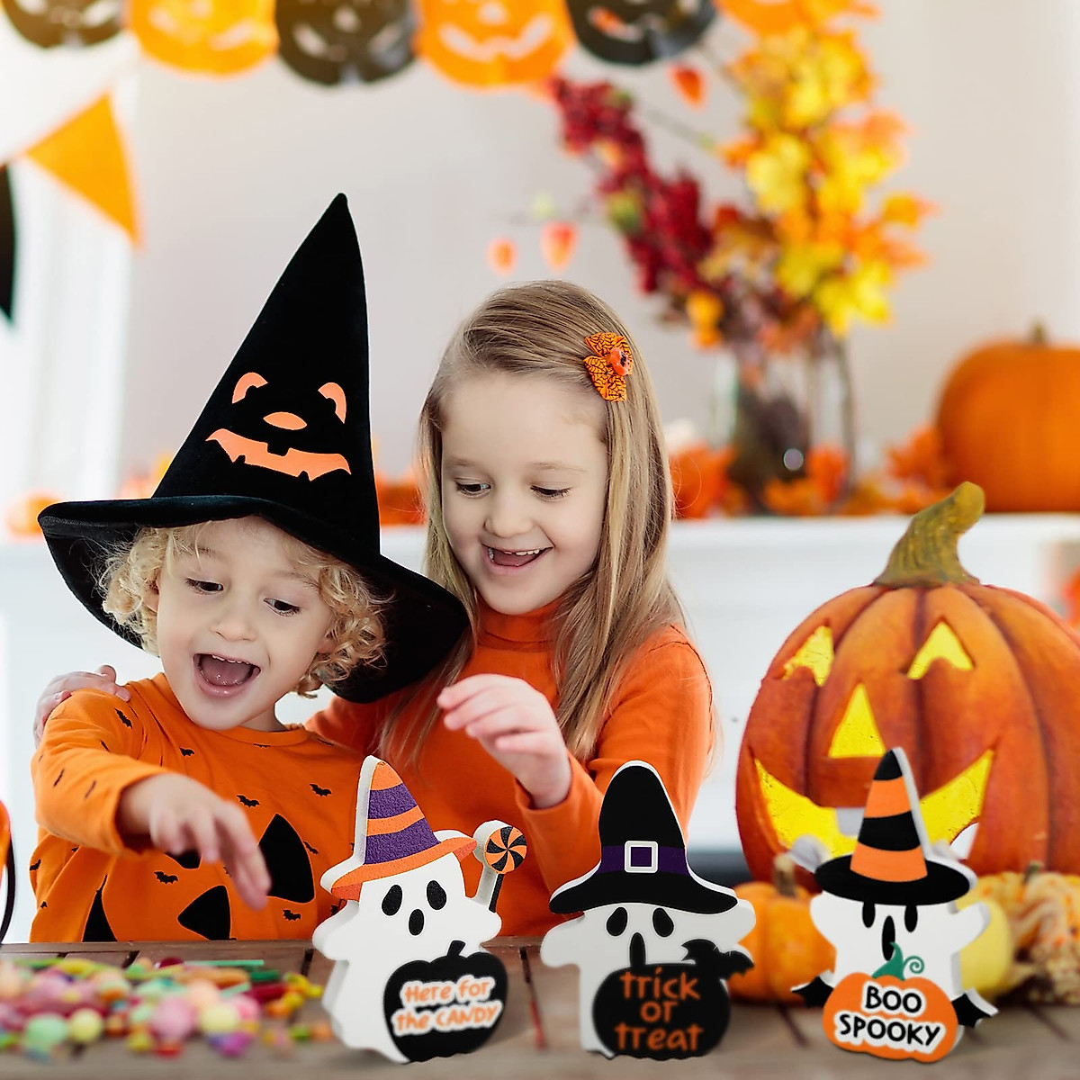 4 Pieces Halloween Ghost Decor Wooden Ghost Theme Table Centerpieces Cute Ghost Decor Trick or Treat Candy Sign Blocks for Home Shelf Party