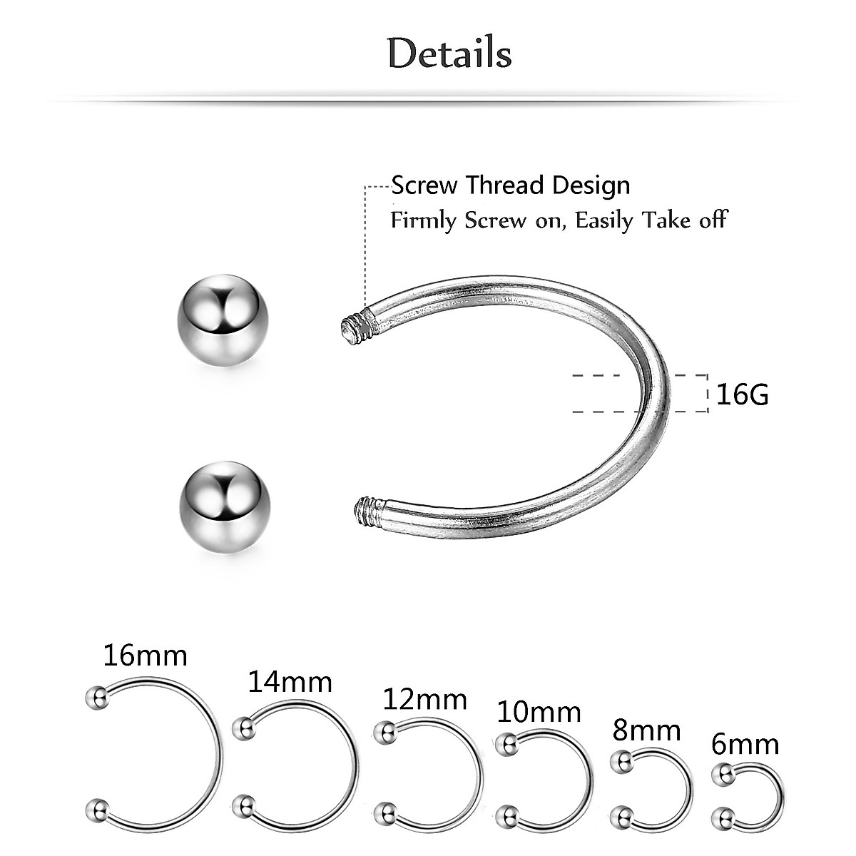 ORAZIO 12Pcs 14-16G Stainless Steel Nose Rings Septum Piercing Cartilage Horseshoe Earring Body Piercing 6MM-16MM Black And Silver Tone