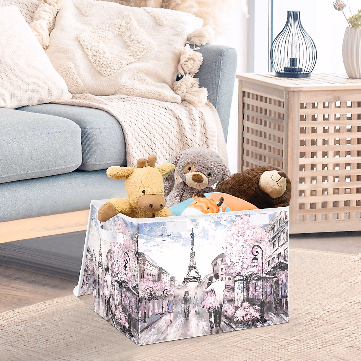MFTJYO Storage Bin with Lid Romantic Couple Paris Street Scene Foldable Storage Box Washable Fabric Storage Cubes Bin Organizer Basket Closet for Home Bedroom Closet Nursery Office