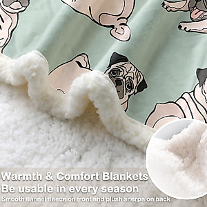 Sleepwish Pug Blankets for Kids Pug Fleece Throw Blanket Cute Pug Gifts for Girls Boys Soft Dog Animal Sherpa Blanket Pug Blankets and Throws for Couch Adults, Green (50" X 60")
