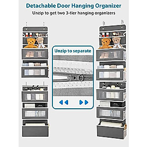 PARAKE 6-Shelf Over The Door Organizer, Flexible 1 Split into 2 Hanging Storage Door Organizer, Over The Door Storage with 5 Large Pockets, for Closet Pantry Bathroom Nursery Bedroom (Grey)