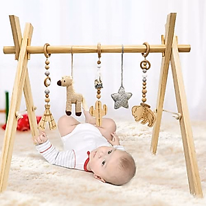 Wooden Baby Play Gym Activity Center Natural Color Handmade Infant Gym with Crochet Toys Foldable Infant Play Gym Wild West Theme Newborn Teething Toys Toddler Activity Center