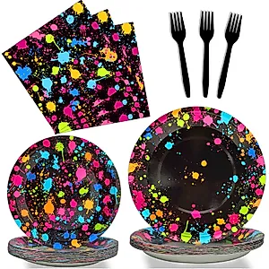 Neon Party Supplies for 24 Guests Glow Party Plates Napkins Tableware Neon Glow Birthday Colorful Graffiti Party Decoration Favor，96 Pieces