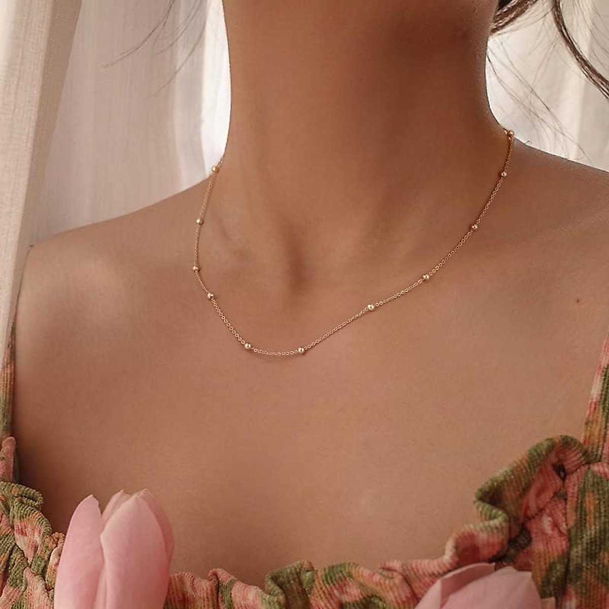 MJartoria Dainty Choker Necklace for Women 14K Gold Plated Minimalist Chain Choker Necklace Trendy Satellite Bead Choker Jewelry Gifts