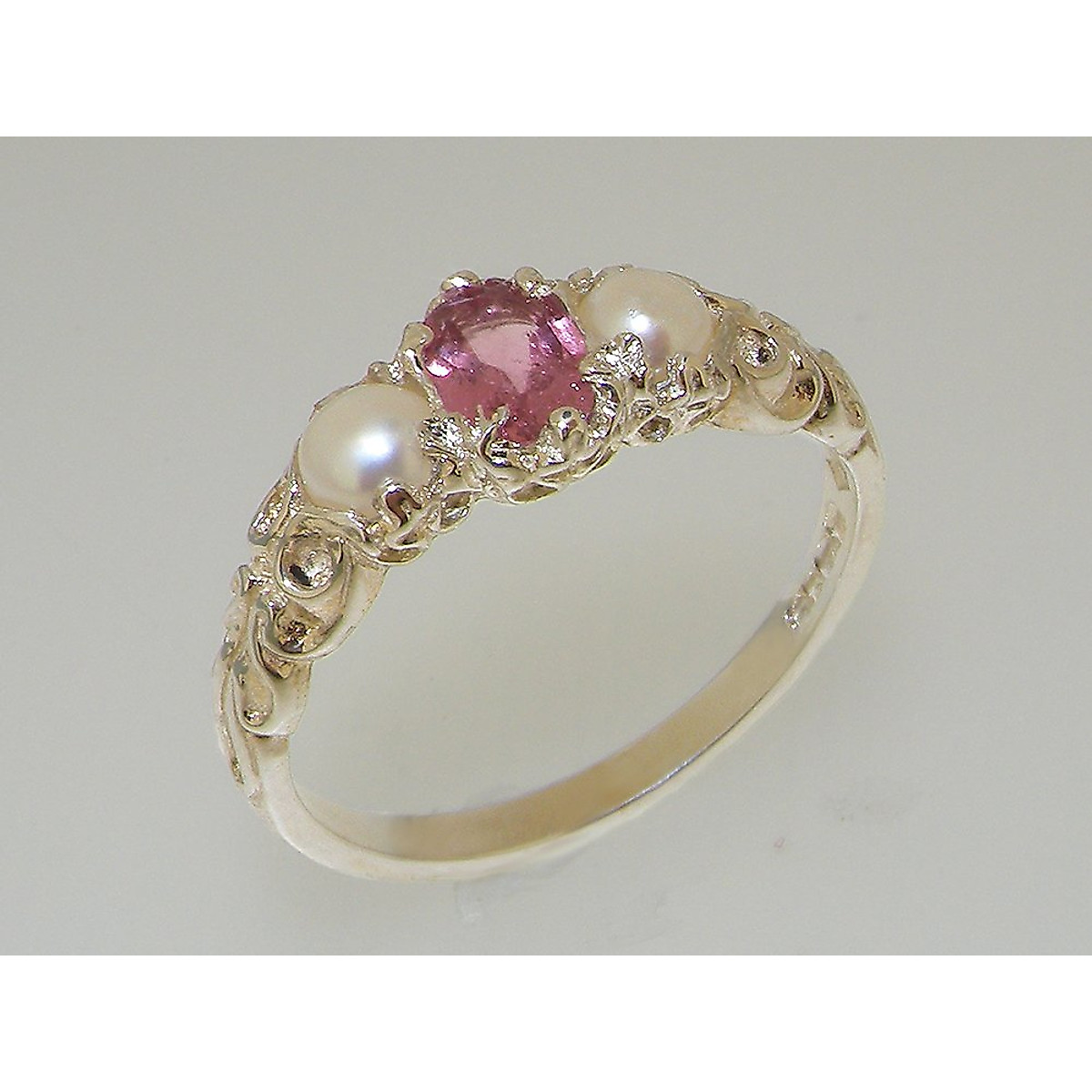 LetsBuyGold 925 Sterling Silver Natural Pink Tourmaline & Cultured Pearl Womens Anniversary Ring - Size 8.25