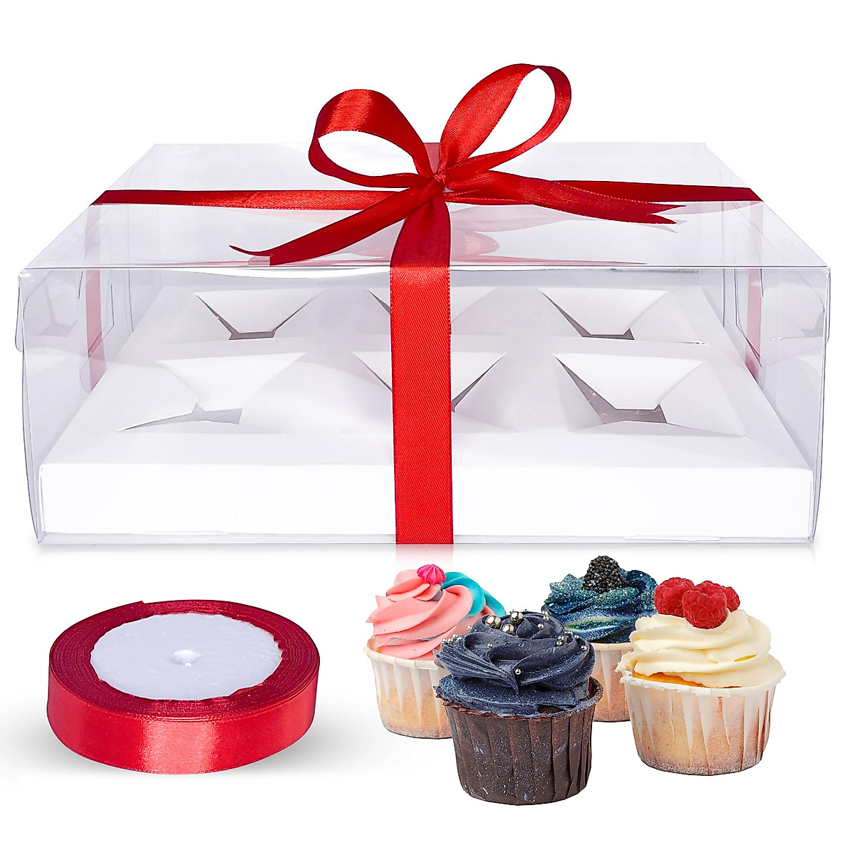 C.W.B Sweets (6 pack x 6 sets) Cupcake Box, Holds 36 total Cupcakes, Transparent White Cupcake Boxes, Clear Disposable Cupcake Container, 6 Cupcake Holder, 6 pack with Ribbon.