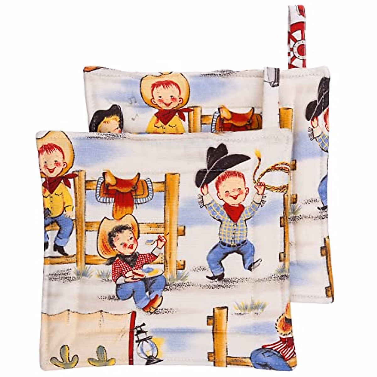 Little Cowpokes Pot Holders, Set of 2 Cotton Potholders for Western Kitchen Decor