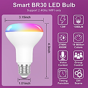 HYDONG Smart RGB Bulb,R80/BR30 Smart Bulbs Work with Alexa,SmartThings.Color Changing LED WiFi Bulb 12W,1080LM,2.4Ghz WiFi only. 4Pack