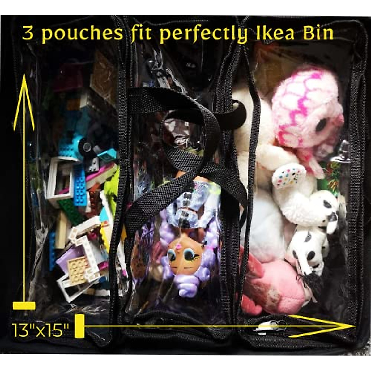 MiniOwls Bin and Chest Organizing Bags - Waterproof Clear Plastic Travelling Pouch. Storage for Toys, Kids Books, Balls, Blocks and Games (12x12 Set of 3)