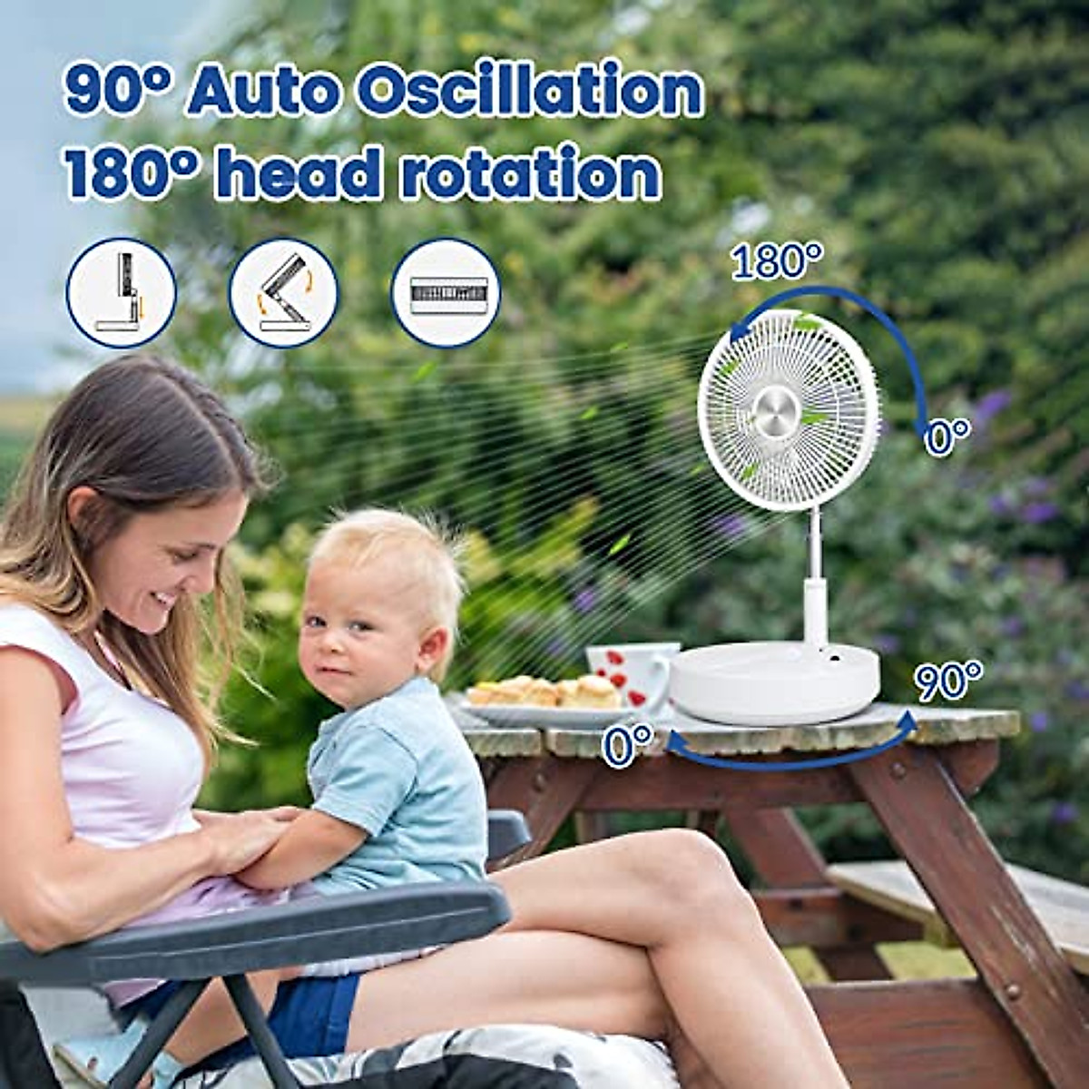 Primevolve 10 inch Oscillating Fan with Remote, Battery Operated Fan Adjustable Height, USB Rechargeable- 4 Speeds, 8H Timer Setting for Bedroom Home Office Outdoor Camping Tent Travel, White