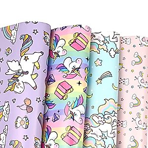 FIEHALA Flat Wrapping Paper Sheets - 8 Sheets with 4 Unicorn Patterns - Pre Cut & Folded Flat Design (20 inches × 27.5 inches per sheet)