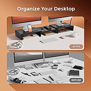 LORYERGO Dual Monitor Stand - [Upgraded] Monitor Stand w/ 2 Slots for Phone & Tablet, Dual Monitor Riser, Length and Angle Adjustable, Computer Stand for Monitor, Laptop, Tablet (Black)