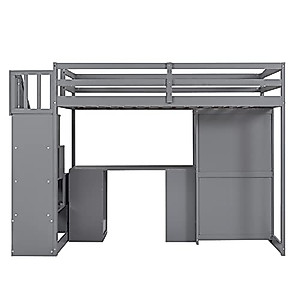 Harper & Bright Designs Twin Size Loft Bed with Stairs and Wardrobe, Solid Wood Loft Bed with Desk and Storage Drawers, Cabinet, for Kids Teens Adults (Gray)