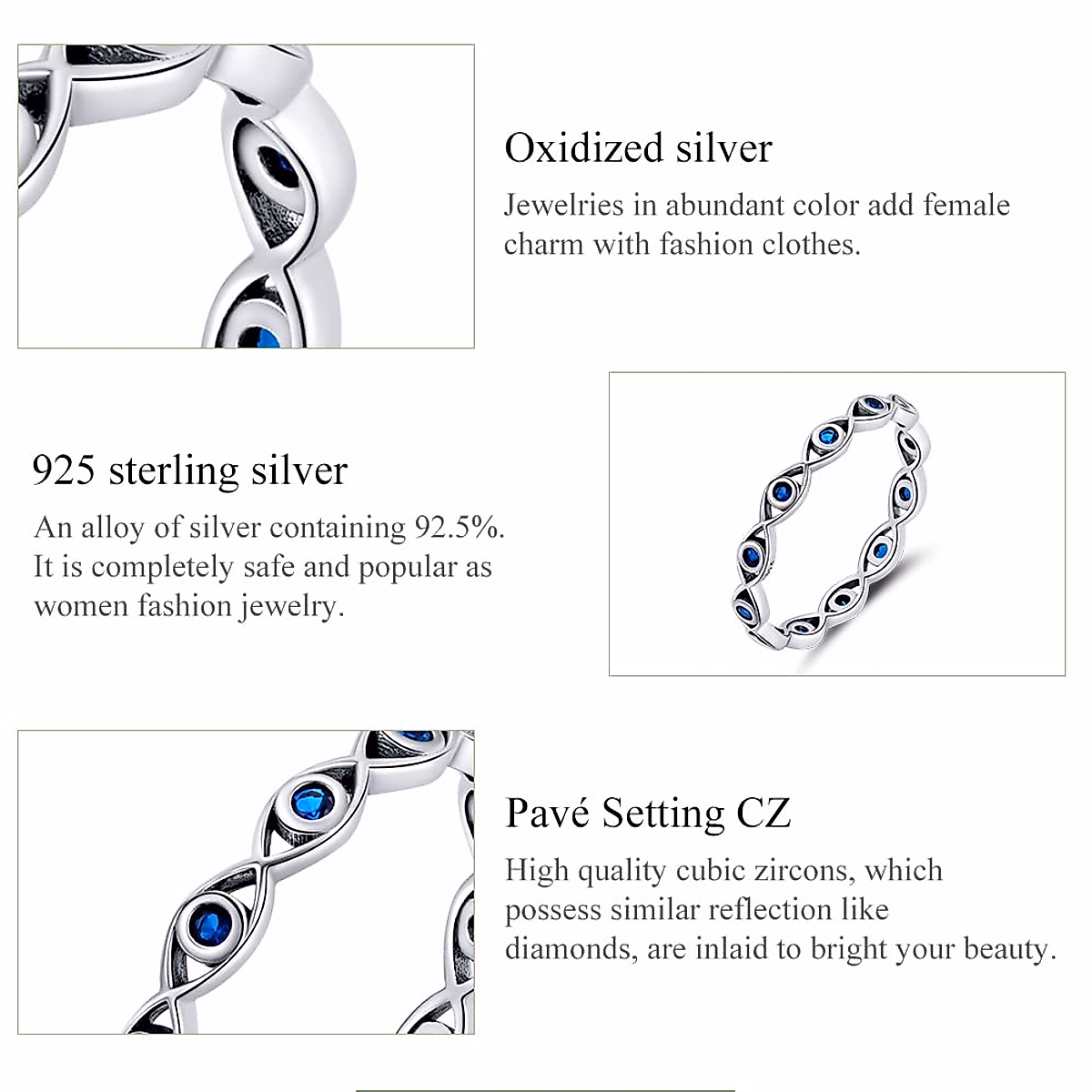 BABAMIA Size 8 Rings Evil Eyes Rings for Women&Men 925 Sterling Silver Personalized Rings Paved with Cubic zirconia Stackable Multiple Sizes Band Ring