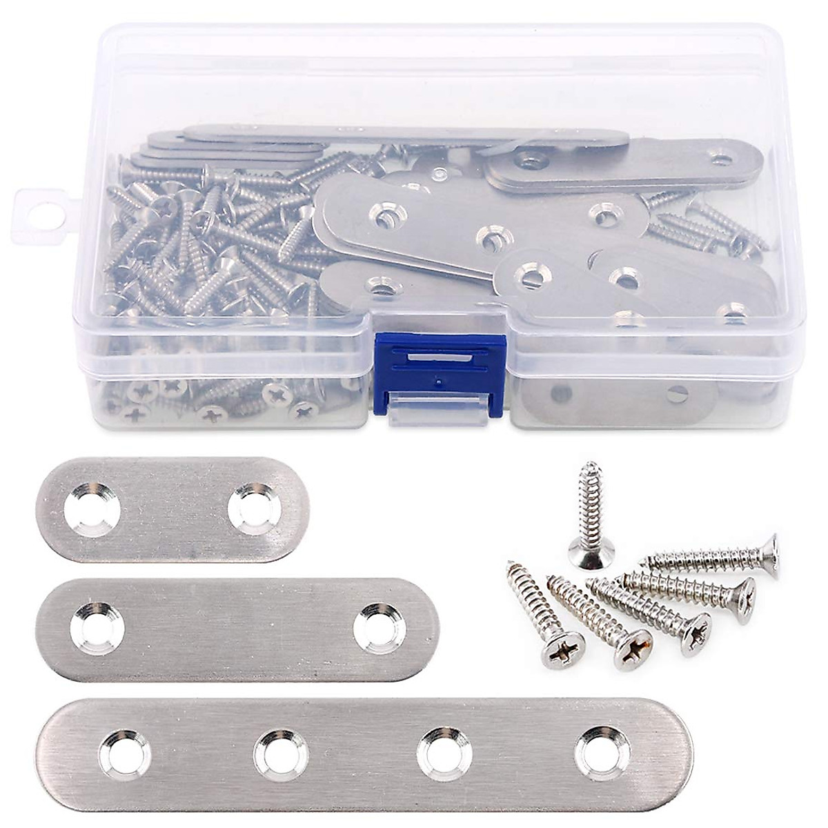Glarks 35-Pieces 1.6 inch/ 2.4 inch/ 4 inch Stainless Steel Flat Straight Brace Brackets Mending Joining Plates Repair Fixing Bracket Connector and 80pcs Screws Set, Total 115pcs, Silver