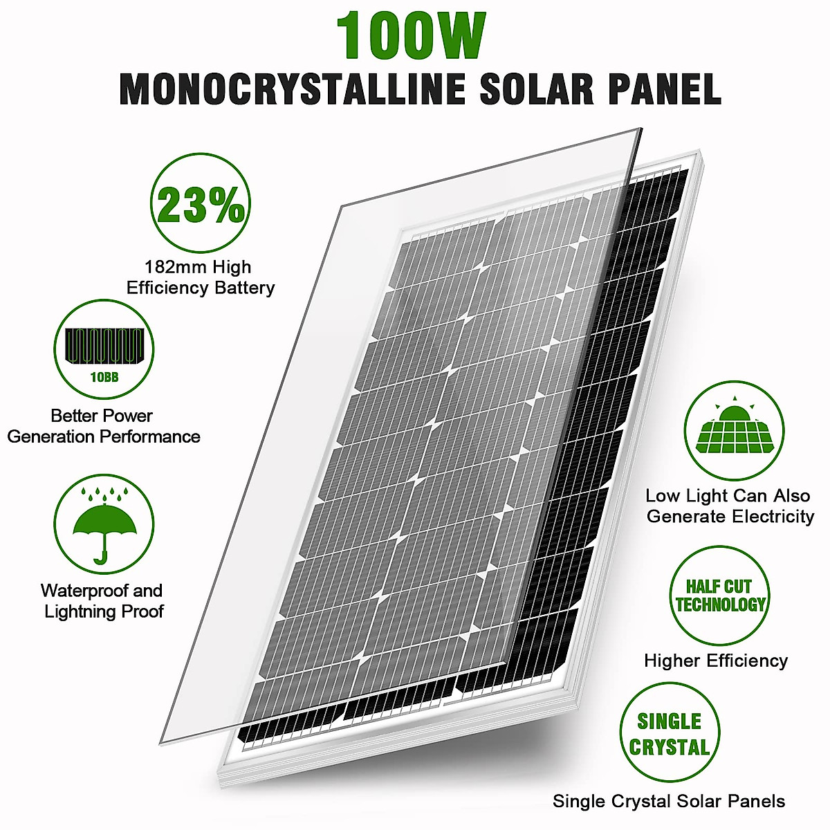 WERCHTAY Solar Panel, 22.8% Monocrystalline Cell High-Efficiency PV Module, 12V Solar Panels for Homes Camping RV Battery Boat Caravan and Other Off-Grid Applications (Solar Panel-509)