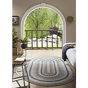 IHF Home Decor | Denim Premium Braided Collection | Primitive, Rustic, Country, Farmhouse Style | Jute/Cotton | 30 Days Risk Free | Accent Rug/Door Mat | Blue, Beige | 27"x48" Oval