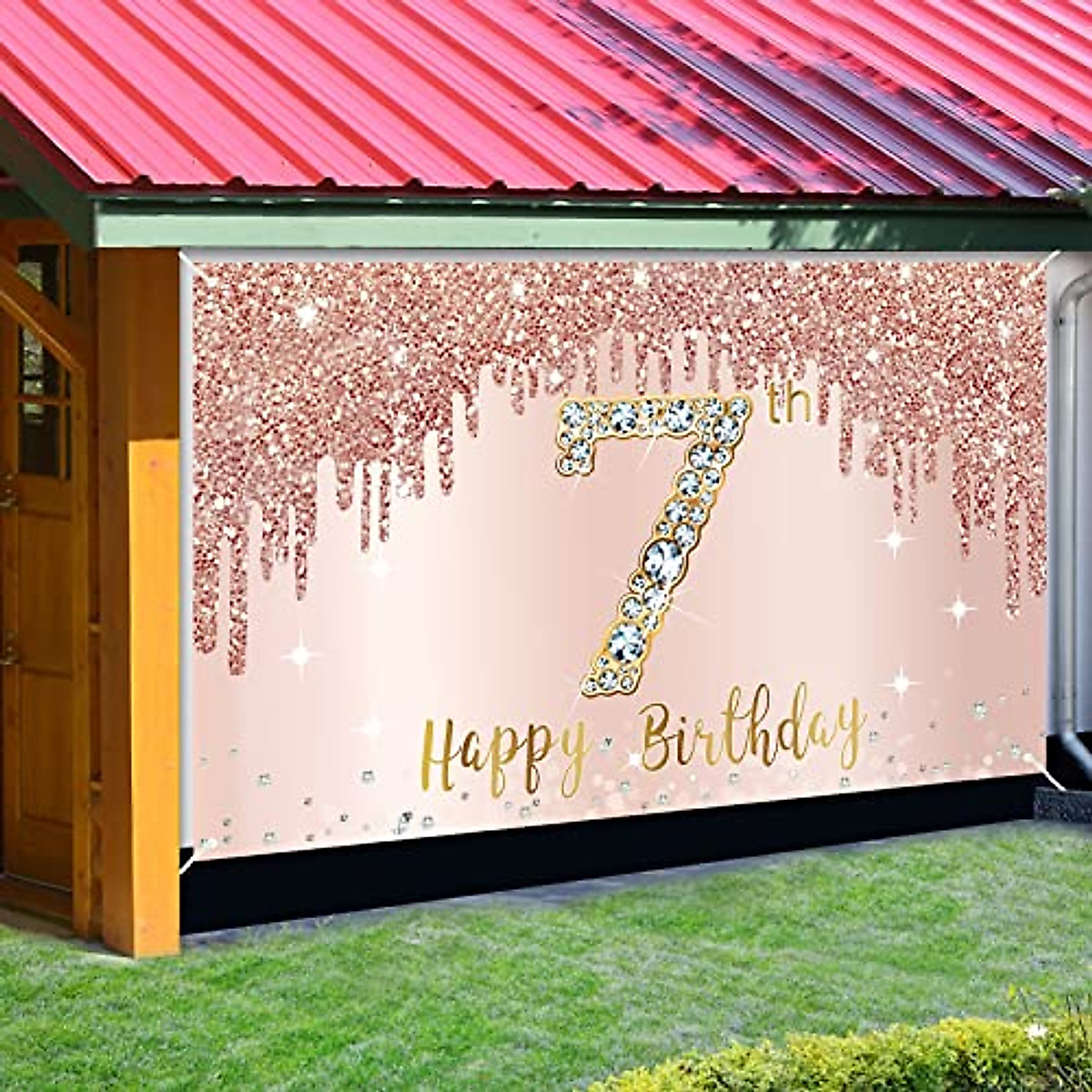 Happy 7th Birthday Banner Backdrop Decorations for Girls, Rose Gold 7 Year Old Birthday Party Sign Supplies, Pink Seventh Birthday Poster Background Photo Booth Props Decor