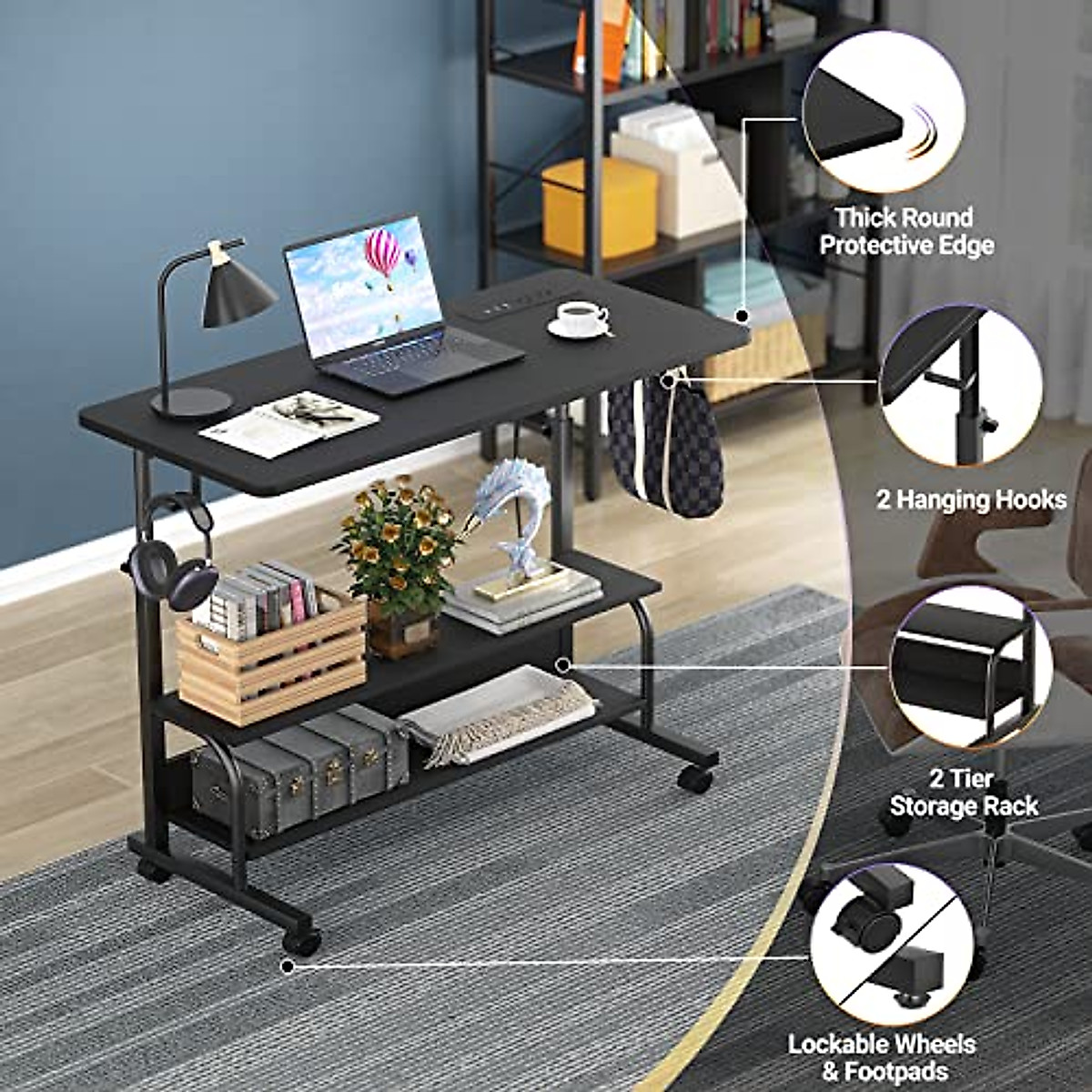 Height Adjustable Standing Desk with Power Outlets, 32" Manual Stand Up Desk with Storage Shelves Small Mobile Rolling Computer Desk Portable Laptop Table with Wheels for Home Office, Black
