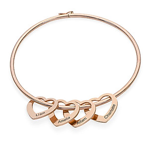 MyNameNecklace Personalized Bracelet Bangle with Up to 10 Heart Shape Pendants - Custom Made Multiple Pendant - Engraved Jewelry Gift for Women, Her- Gifts for Mother's Day, Christmas