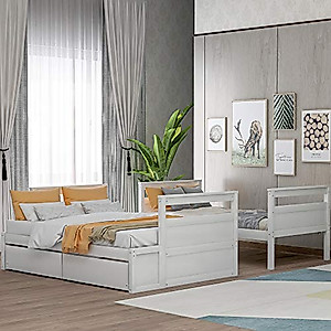 TARTOP Bunk Bed with Drawers, Twin Over Full Bunk Bed, Solid Wood Bunk Bed Frame with Ladders & 2 Storage Drawers, Bedroom Furniture,White